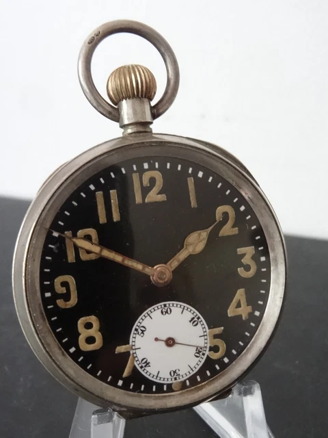 STERLING SILVER WW1 Black Dial Military Pocket Watch London Import 1915 ...