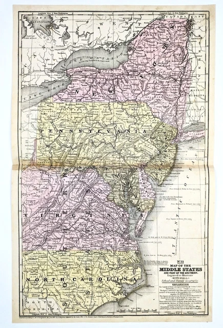 1852 EASTERN STATES Map Original North Carolina Virginia Pennsylvania ...