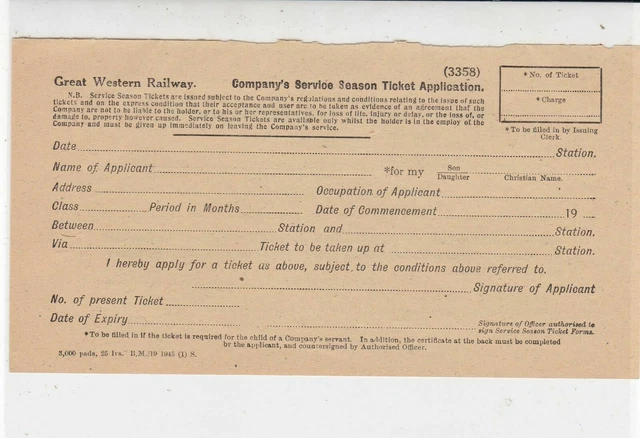 GREAT WESTERN RAILWAY Vintage Official Season Ticket Application Form ...