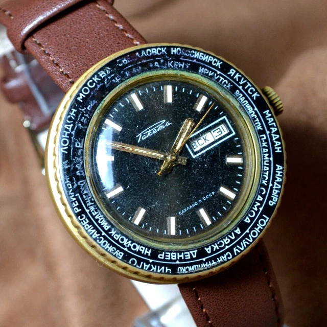 VINTAGE WATCH RAKETA Cities World Time Zones Rotary Bezel Watch USSR ...