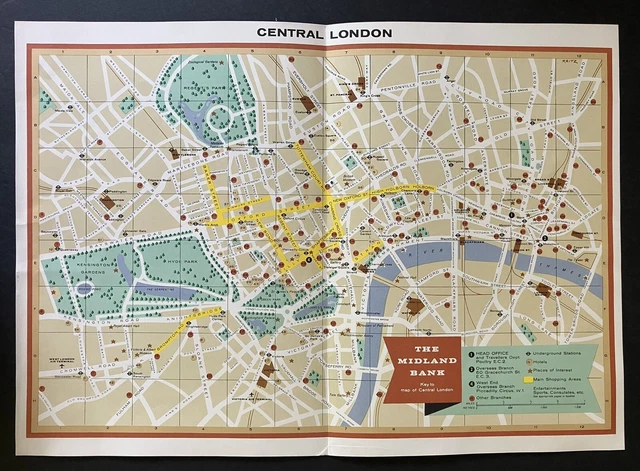 1964 THE MIDLAND Bank Map to Central London 2 Page Color Vintage Print ...