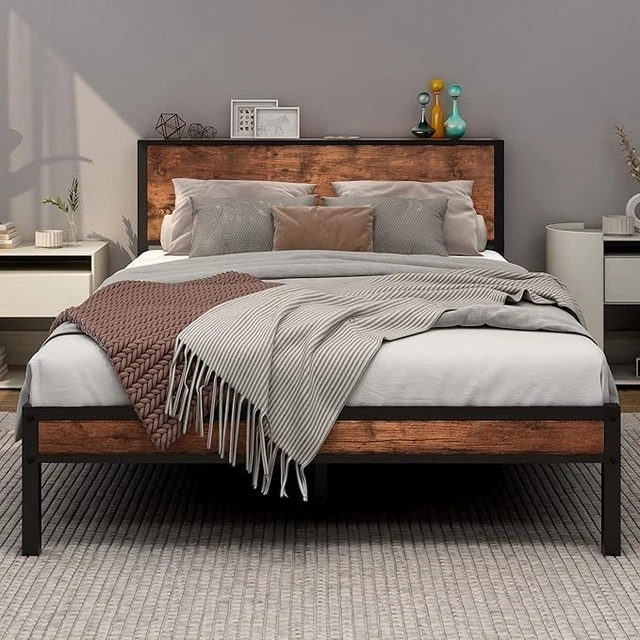 DOUBLE BED FRAME with Wooden Storage Shelf Headboard, Metal Platform ...