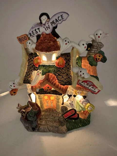 VINTAGE SPOOKY HOLLOW Lighted Halloween Haunted House Funeral Parlor in ...