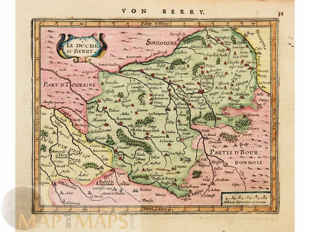 LE DUCHE D’BERRY, old map Bourges France, Mercator Janssonius atlas ...