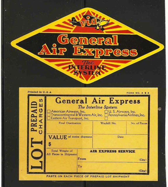 GENERAL AIR EXPRESS (5) LABELS, prepaid, perishable, airline address ...