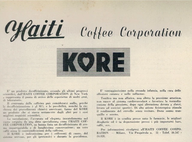 PUBBLICITA' VINTAGE 1949 : Caffe' Kore Dell'haiti Coffee Corporation ...