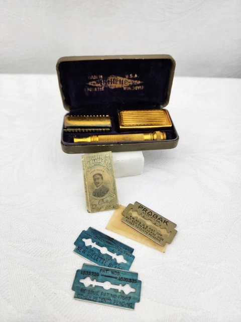 VINTAGE GILLETTE GOLD TONE 3 PIECE SAFETY RAZOR Pat. No. 17567 w CASE ...