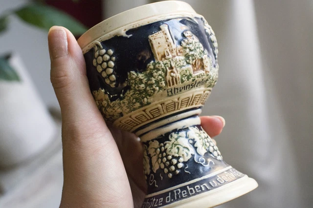 VINTAGE GERMAN STONEWARE Pottery Goblet Cup Castle Grapes decorative ...