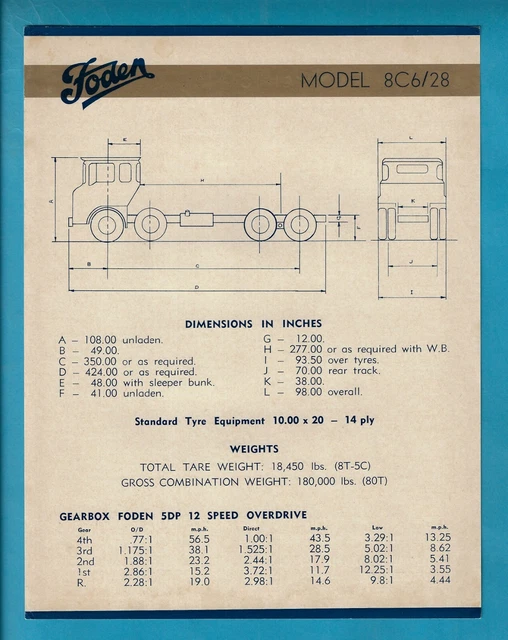 FODEN MODEL 8C6/28 Trucks Specifications Brochure $27.50 - PicClick AU