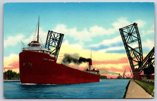 POSTCARD EMPTY FREIGHTER Passing Bascule Bridge Sault Ste. Marie, MI ...