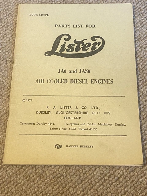 LISTER JA6 AND JAS6 Parts List - No.1585 PL Air Cooled Diesel Engine ...