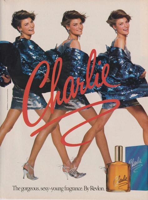 CHARLIE PERFUME VINTAGE 1990 Print Ad Page Revlon Linda Evangelista ...