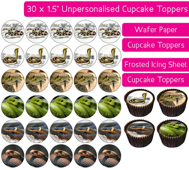 30 SNAKES EDIBLE Wafer & Icing Cupcakes Toppers Birthday Party Decor ...