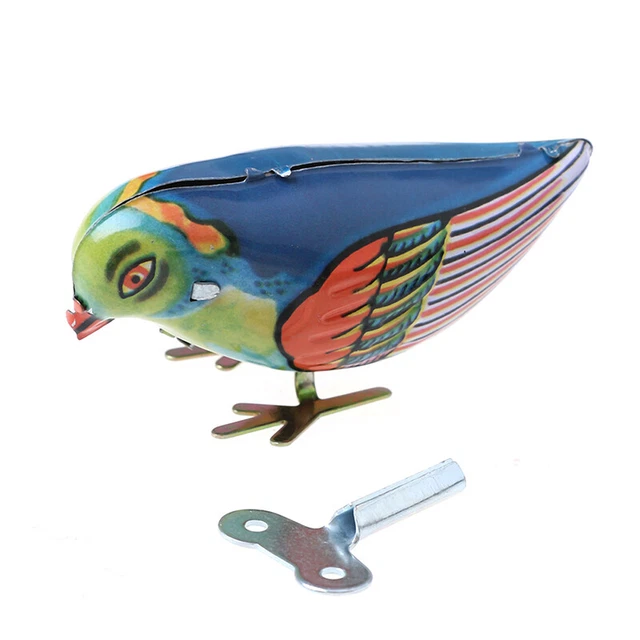 WIND UP CLOCKWORK pecking song blue bird magpie tin toy vintage retro ...