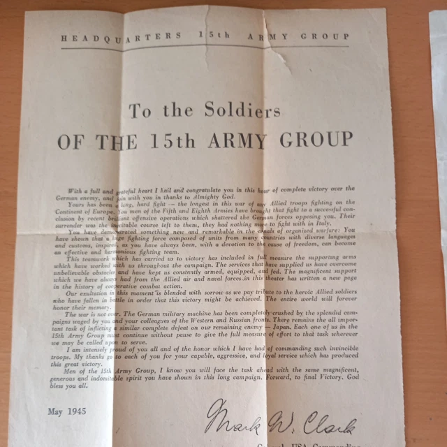 WW2 LEAFLET: 15TH ARMY group End Of War May 45 General Clark EUR 23,44 ...