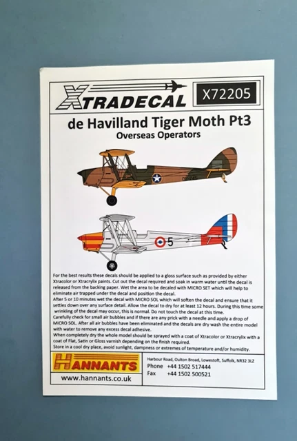 XTRADECAL 1/72 SCALE model aircraft decals De Havilland Tiger Moth ...