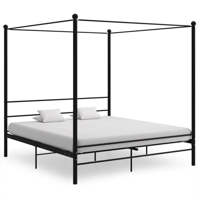 CANOPY BED FRAME Black Powder-Coated Metal 200 x 200 cm Sturdy Base ...