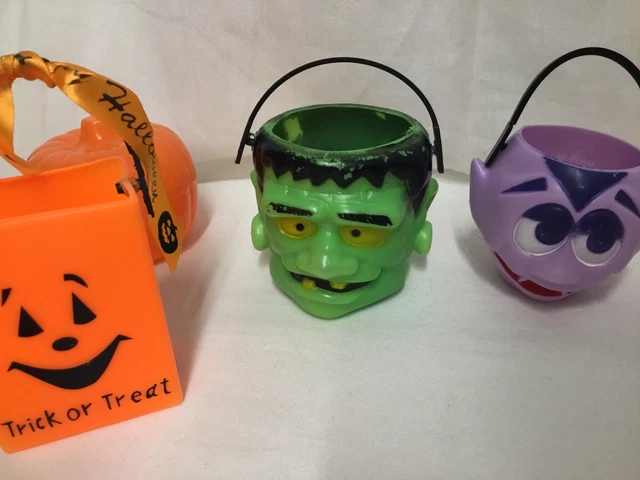 VINTAGE MINI HALLOWEEN Buckets Dracula Skull Candy Corn Frankenstein ...
