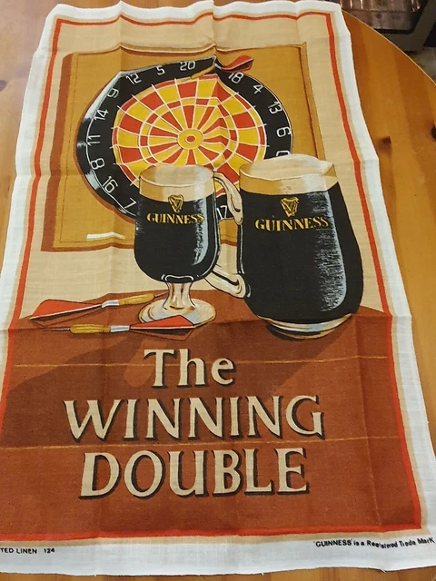 GUINNESS THE WINNING double darts UNUSED ADV IRISH LINEN TEATOWEL £29. ...