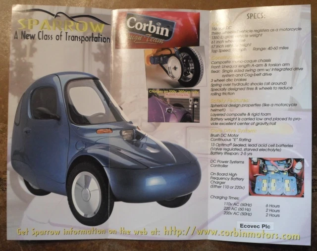 CORBIN SPARROW MICROCAR Orig 2000 2001 Kleinformat Verkaufsbroschüre ...