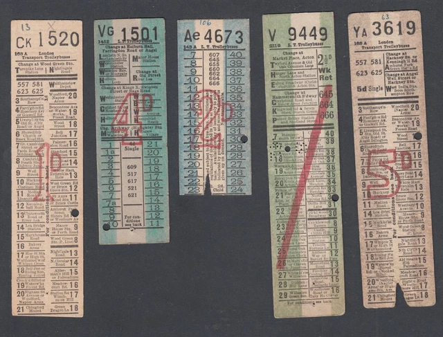 FIVE OLD LONDON Transport TROLLEYBUSES Buses Bus Used Tickets Ticket ...