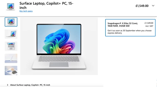 MICROSOFT SURFACE LAPTOP Copilot+ PC 15” Snapdragon X Elite 16GB 512GB ...