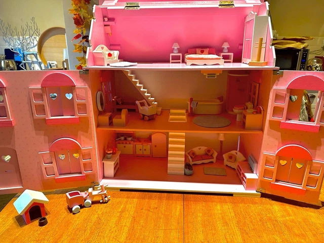 ROSEBUD ELC PINK Dolls House With All Original Furniture & Dolls ...