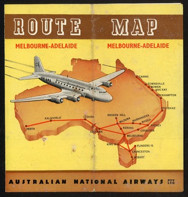 MAP , AUSTRALIAN NATIONAL AIRWAYS LTD , ROUTE MAP BRISBANE CAIRNS circa ...