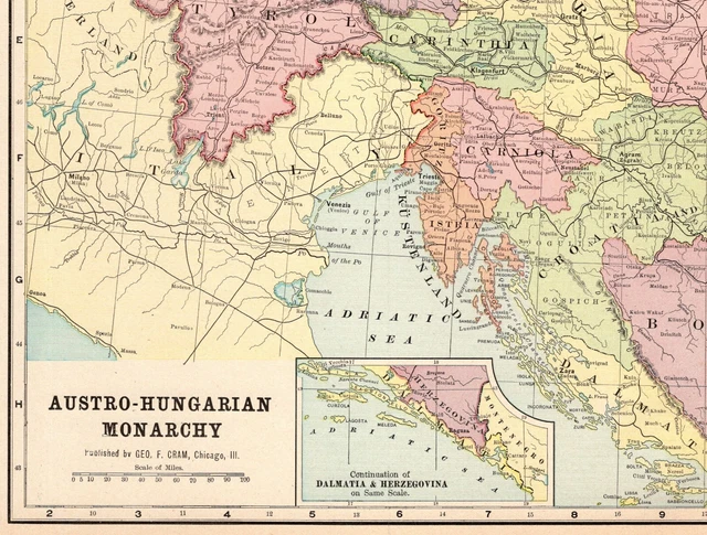 1900 ANTIQUE AUSTRIA & HUNGARY Map George Cram Austro Hungarian ...
