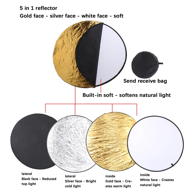 5 IN 1 Light Reflector Gold Silver White Black Reflector 110cm With ...