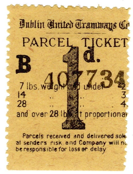 (I.B) DUBLIN UNITED Tramways Company : Railway Parcel Ticket 1d $20.32 ...