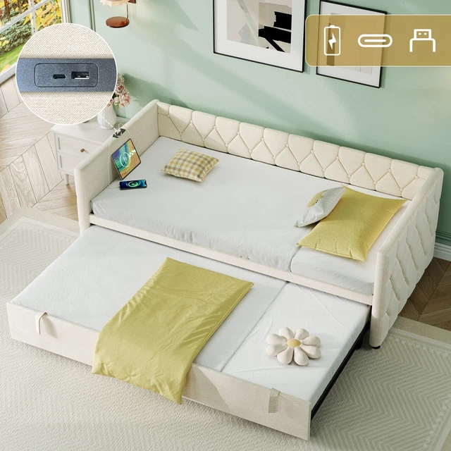 DAYBED WITH UNDER Bed Guest Trundle Beige Upholstered Day Bed 3ft ...