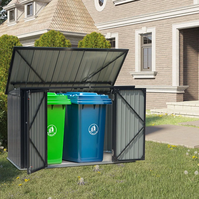 DOUBLE STEEL WHEELIE Bin Store Outdoor Cupboard Bike Garden Storage ...