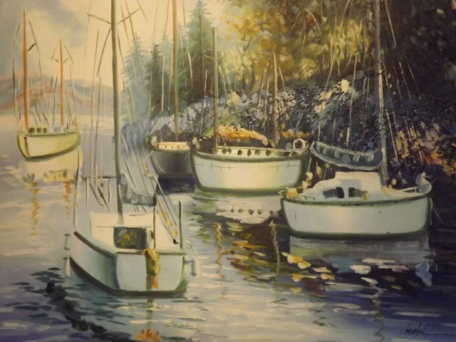 BOOTE AUF DEM blauen Fluss großes Ölgemälde Leinwand Moderne Kunst 20x24 Bäume EUR 32,64 ...