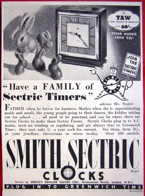 VINTAGE 'SMITH SECTRIC' Art Deco Clock Advert #2 : Original Small 1938 ...