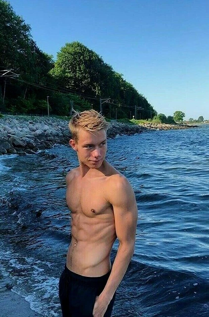 Shirtless Male Beefcake Muscular Blond Haired Ripped Beach Dude Photo