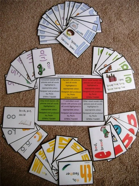 CONSONANTS, DIGRAPHS & Vowels Flash cards pack All Colour, x 45 cards ...