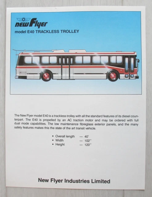 VINTAGE 1990 NEW Flyer Model E40 Trackless Trolley Bus Specification ...
