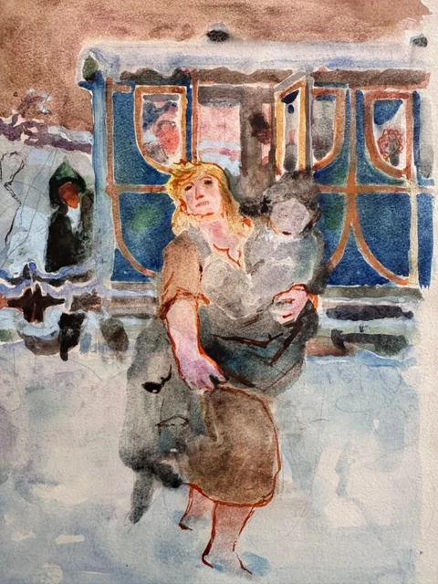 ANCIEN DESSIN FEMME et enfant train Bleu illustration Jean Terles Art ...