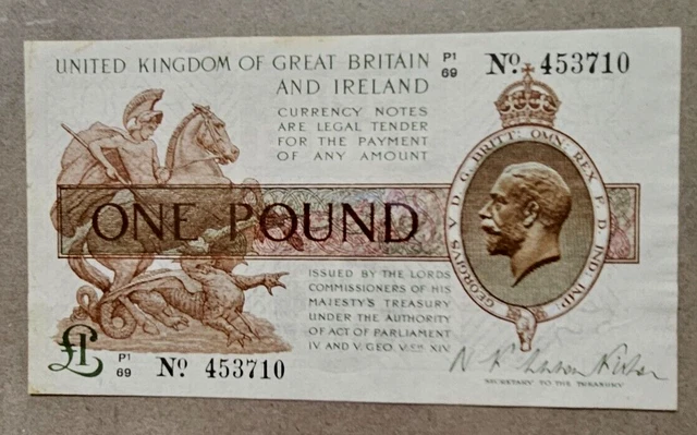 UK ONE Pound Note 1923 Second Fisher Issue. P1 over 69. Circulated ...