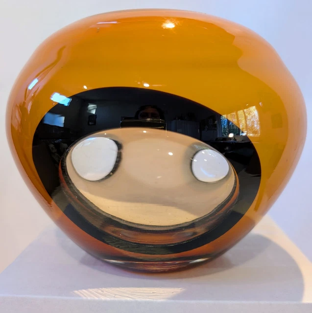 HAND BLOWN ART Glass Window Bowl Vase,Tea Candle Amber Black White MCM ...