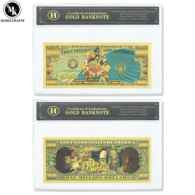 THE SIMPSONS GOLD Foil Banknote One Million Dollars Plastics Money ...