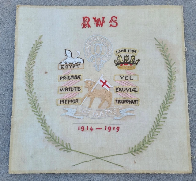 ANTIQUE QUEEN'S ROYAL West Surrey Regiment Sampler WW1 Original £659.22 ...