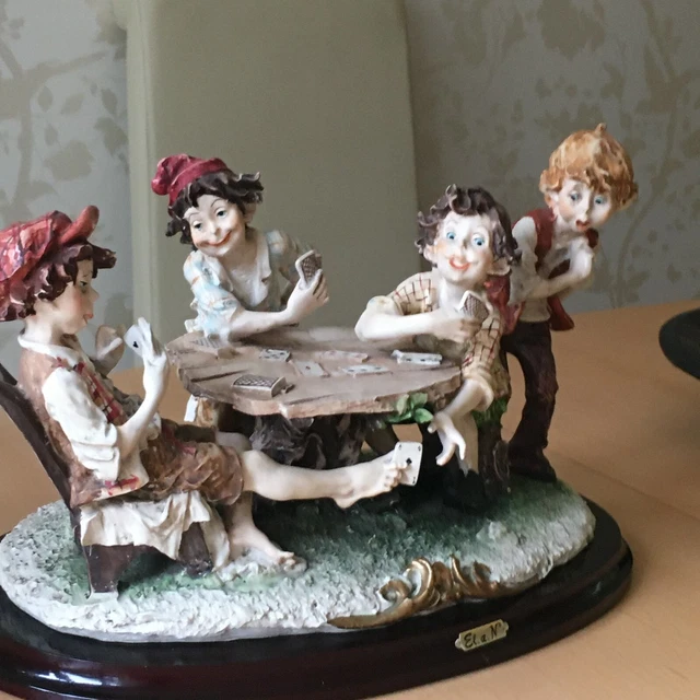 CAPODIMONTE FIGURINE OF 4 Boys playing cards cheating. Fine sculptured ...