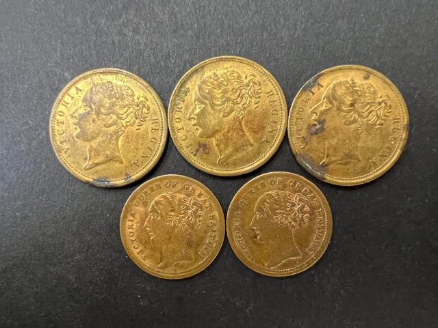 VERY RARE 1849 Queen Victoria British Gaming Tokens / Counters x 5 LOT ...