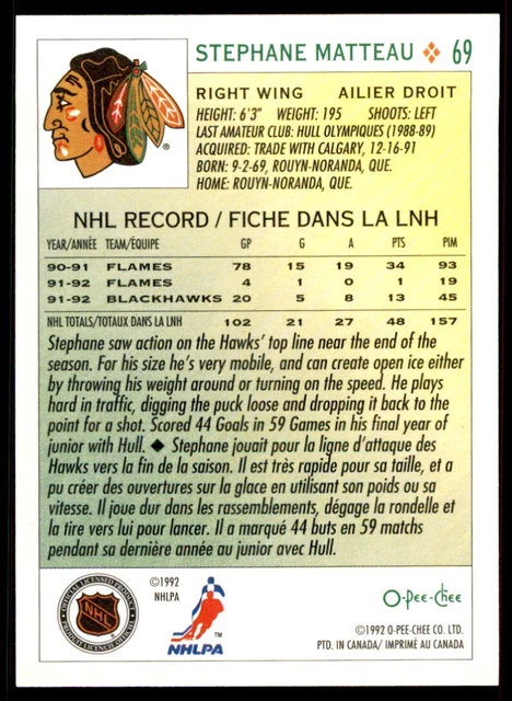 1992-93 O-PEE-CHEE STÉPHANE Matteau. Chicago Blackhawks #69 EUR 2,06 ...