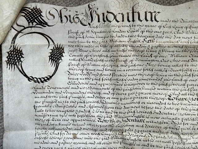 1672 INDENTURED PROPERTY deed, Land At Watton & Benington, Herts ...