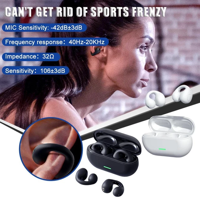 EAR CLIP BONE Conduction Bluetooth 5.3 Wireless Earbuds Sport Headset ...