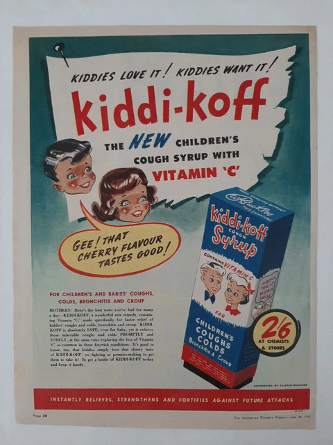 VINTAGE AUSTRALIAN ADVERTISING 1951 ad KIDDI-KOFF COUGH SYRUP medicine ...