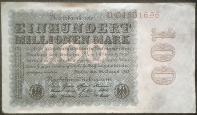 100 MILLIONEN MARK Reichsbanknote 1923 Banknote 15.03.I EUR 1,00 - PicClick DE